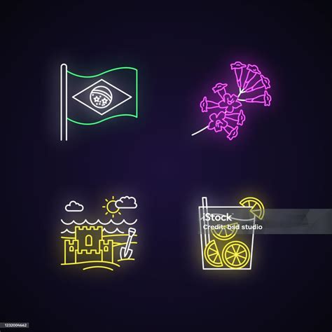 브라질 네온 라이트 아이콘 세트입니다 국기 플루메리아 카이피리냐 해안에 모래 성 입파나무 전통 칵테일 외부 빛나는 효과와 징후 벡터 절연 Rgb 색상 일러스트레이션 0명에