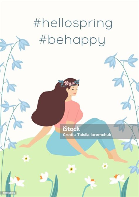 아름 다운 봄 귀여운 소녀와 텍스트와 함께 서식 파일입니다 벡터 일러스트입니다 배너 포스터 카드 엽서 및 인쇄에 사용할 수 있습니다 Brand Name Online