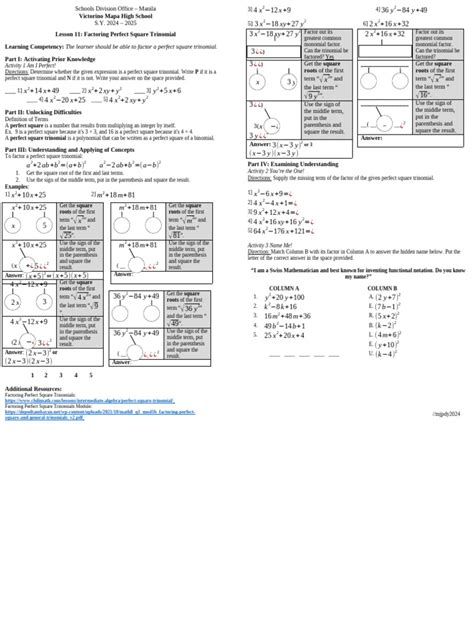 Factoring Perfect Square Trinomial Handout Pdf Square Root Factorization