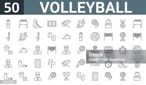 물병 배구 장비 발목 중괄호 럭비 피치 휘파람 교환 볼 핸들링 벡터 얇은 아이콘 보고서 프리젠 테이션 다이어그램 웹과 같은 50 개의 개요 웹 배구 아이콘 세트 아이콘에