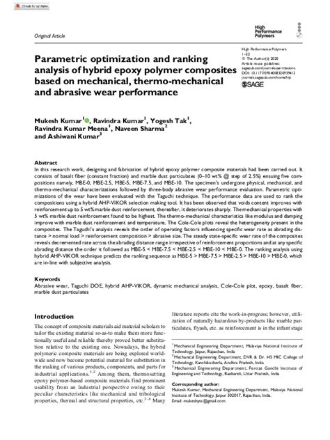 Pdf Parametric Optimization And Ranking Analysis Of Hybrid Epoxy Polymer Composites Based On