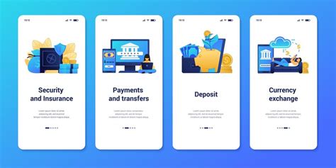 온라인 뱅킹 애플리케이션 스마트폰 인터페이스 디자인 모바일 결제 서비스 및 디지털 금융 거래 보험 및 환전 웹 Ui 화면 템플릿 벡터 세트 프리미엄 벡터