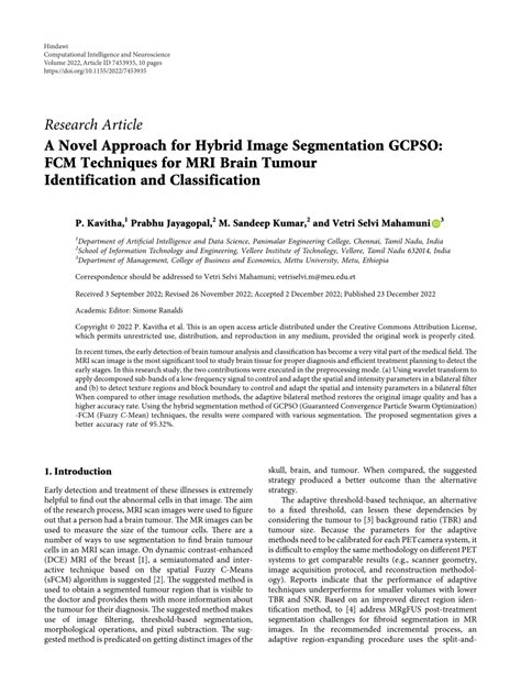 Pdf A Novel Approach For Hybrid Image Segmentation Gcpso Fcm Techniques For Mri Brain Tumour