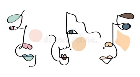 Set Of Three Abstract Face One Line Drawing Portrait Minimalistic Style Fine One Line Drawing