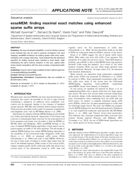 Pdf Essamem Finding Maximal Exact Matches Using Enhanced Sparse Suffix Arrays Veerle Fack