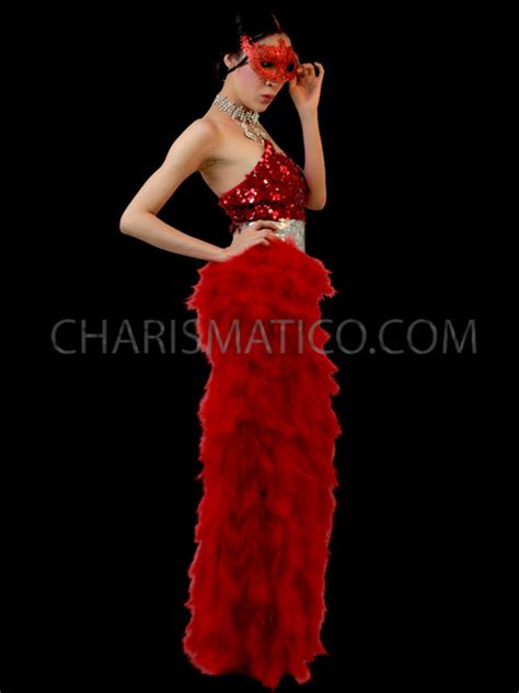 Red And Silver Sequin Accented Corset Styled Feathered Divas Column Gown