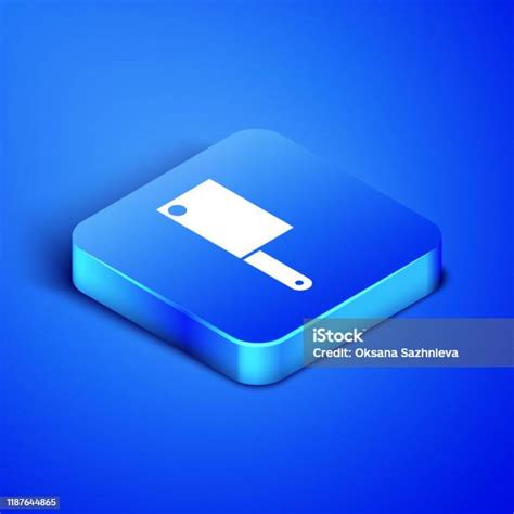 파란색 배경에 격리된 등각칭 고기 헬기 아이콘입니다 고기 부엌 칼입니다 정육점 칼 파란색 사각형 버튼입니다 벡터 일러스트레이션 가정 생활에 대한 스톡 벡터 아트 및 기타