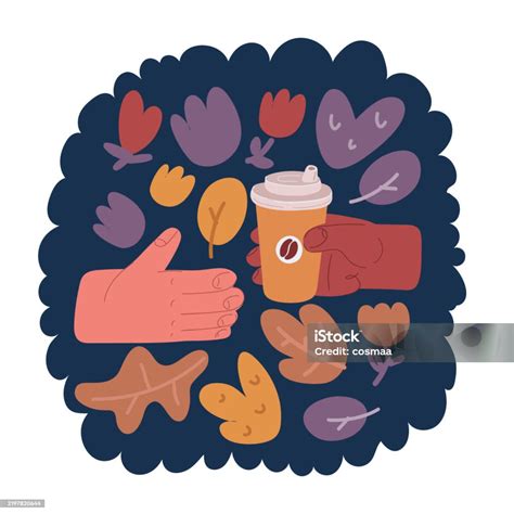 커피 종이컵을 들고 손의 만화 벡터 그림 커피숍의 정원에서 누군가 사람에게 줍니다 친구에게 건네기 위해 커피 브레이크를 손에 들고 다닙니다 냄새 맡기에 대한 스톡 벡터 아트