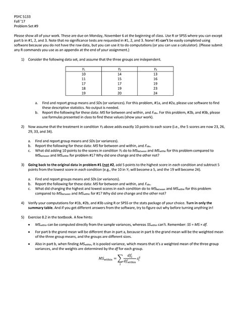 Problem Set PSYC Fall Problem Set Please Show All Of Your Work These