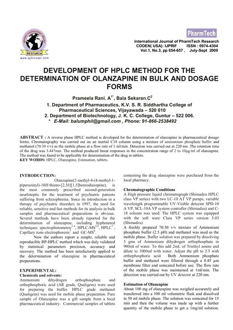 Pdf Development Of Hplc Method For The Determination Of Olanzapine In Bulk And Dosage Forms