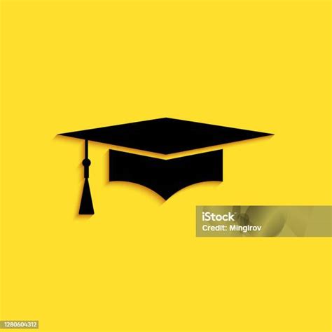 노란색 배경에 격리 된 블랙 졸업 캡 아이콘 태슬 아이콘졸업 모자 긴 그림자 스타일 벡터 검은색에 대한 스톡 벡터 아트 및 기타 이미지 Istock