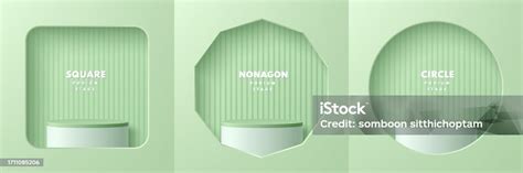 사실적인 3d 흰색 녹색 실린더 받침대 연단의 정사각형 Nonagon 및 벽 장면에 원형 창 추상 스튜디오 룸 제품 단계 진열장 승진 전시를 위한 파스텔 최소한도 장면 3
