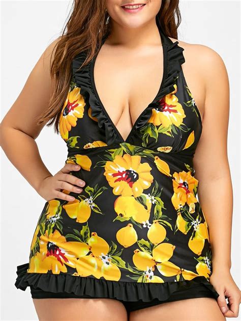 Plus Size Skirted Ruffled Tankini Set Yellowblack 5xl Plus Size