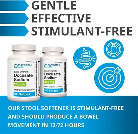 Puregen Labs Docusate Sodium 250mg Stool Softener Laxative Gentle