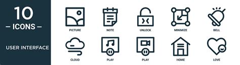 사용자 인터페이스 개요 아이콘 세트에는 얇은 선 그림 잠금 해제 종 놀이 집 사랑 보고서 프리젠 테이션 다이어그램 웹 디자인을위한 클라우드 아이콘이 포함됩니다 0명에 대한