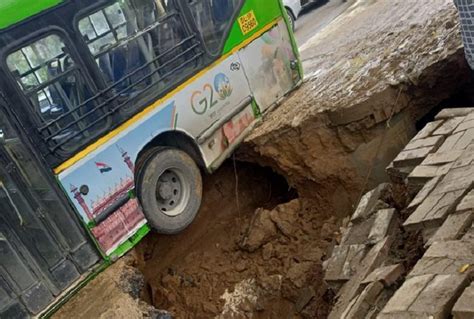 Delhi Rains Portion Of Road Caves In Near Hauz Rani Traffic Advisory