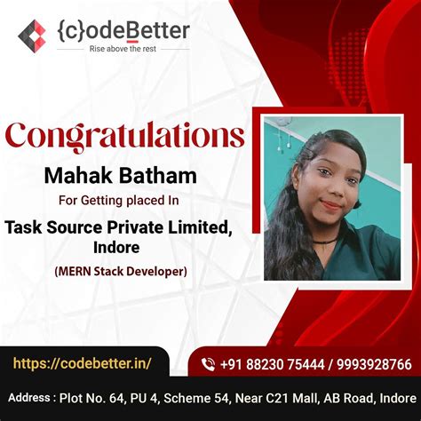 Codebetter On Linkedin Congratulations Mahak Batham For Tracking Your Way Towards Success With