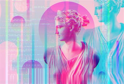 글리치 효과가 있는 골동품 조각의 3d 초상화 사이버펑크 스타일 인공 지능의 개념적 질병 가상 현실 딥 러닝 및 의심 시스템 프리미엄 사진