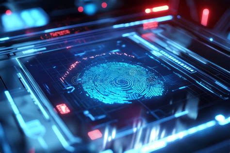 a futuristic biometric scanner displaying glowing holographic fingerprints cybernetic