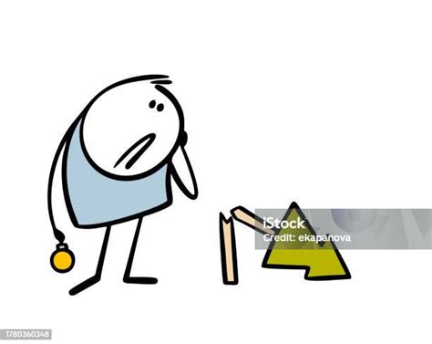 좌절한 스틱맨은 부서진 크리스마스 트리를 보며 괴로워하는 표정을 짓고 장식용 유리 공을 들고 있습니다 새해에 어수선한 성격의 벡터 그림입니다 가문비나무에 대한 스톡 벡터