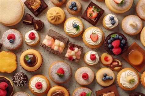 Assorted Different Mini Cakes With Cream Chocolate And Berries Stock Illustration