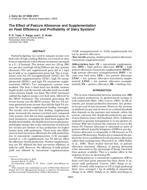 Pdf The Effect Of Pasture Allowance And Supplementation On Feed Efficiency And Profitability