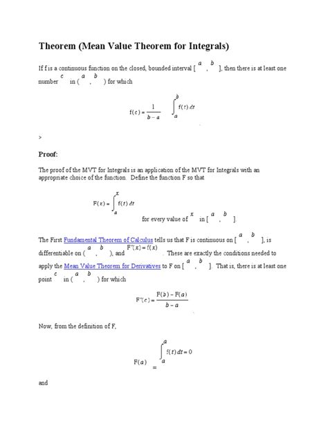 Theorem Mean Value Theorem For Integrals Proof Pdf Integral
