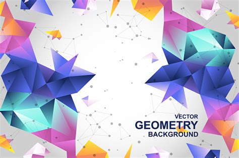 추상적 배경 와 밝은 다른 색깔 기하학적 형태 구조 및 입자 연결 흰색 배경에 점들이 연결되고 삼각형 다각형 질감이 있는 벽지 벡터 일러스트 레이 션 0명에 대한 스톡 벡터