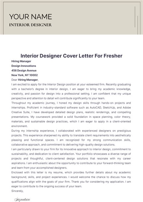 Free Interior Designer Cover Letter For Fresher Template To Edit Online