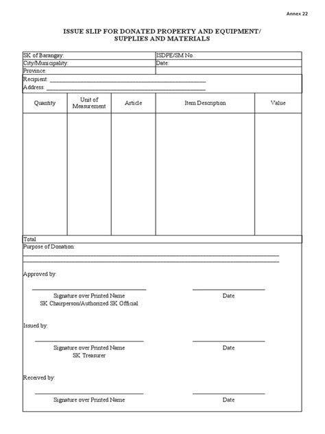 Issue Slip For Donated Property And Equipment Supplies And Materials Pdf