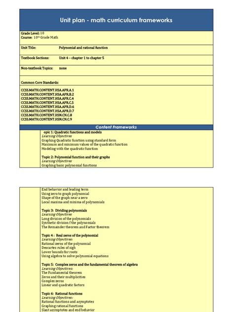 Unit Plan 4 Polunomial And Rational Function Pdf Polynomial Division Mathematics