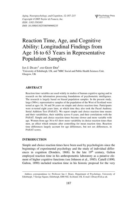 Pdf Reaction Time Age And Cognitive Ability Longitudinal Findings From Age 16 To 63 Years