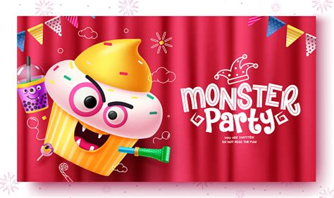 몬스터 파티 초대장 카드 벡터 디자인 Halloween 생일 인사말 텍스트 와 빨간 배경 와 컵 케이크 웃는 캐릭터 요소 와 Quick Here Png Print Here