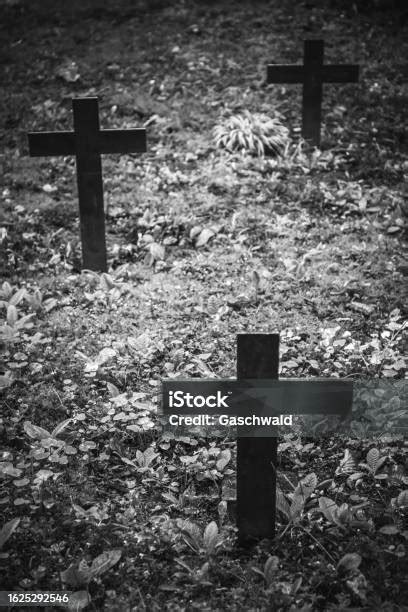 오래된 무덤과 묘지에서 십자가의 빈티지 복고풍 흑백 사진 거친 시끄러운 예술 흑백 이미지 할로윈 모든 성도 개념 무덤 묘지에 대한 스톡 사진 및 기타 이미지 Istock
