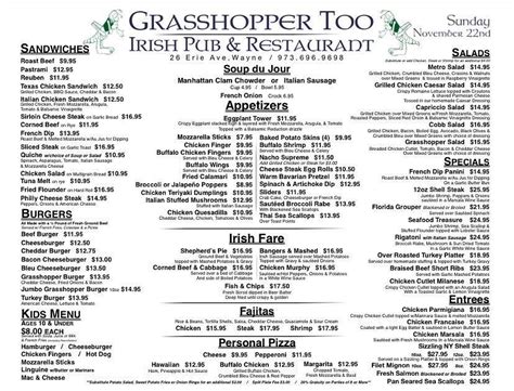 Menu At Grasshopper Too Pub And Bar Wayne