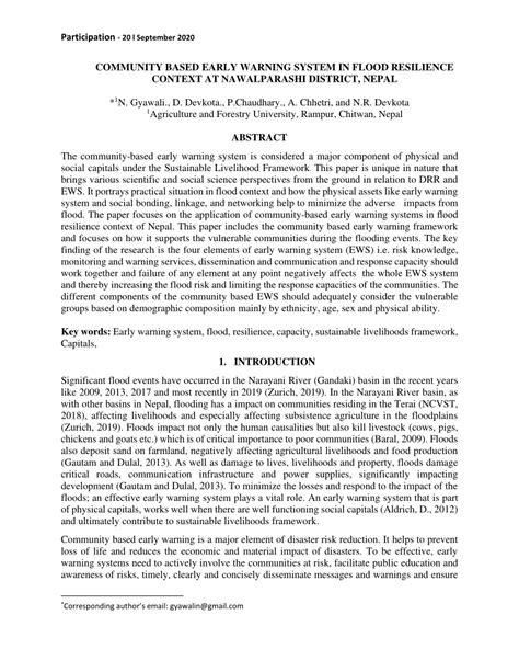 Pdf Community Based Early Warning System In Flood Resilience Context At Nawalparashi District