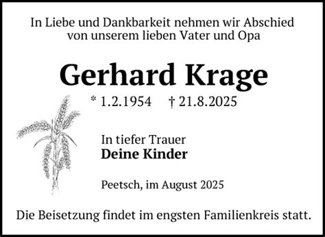 Traueranzeigen Von Gerhard Krage Trauer Nordkurier