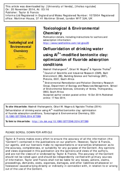 Defluoridation Of Drinking Water Using Al 3 Modified Bentonite Clay