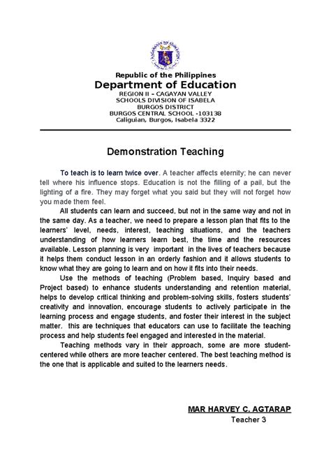 Demonstration Teaching Reflection Republic Of The Philippines Department Of Education Region