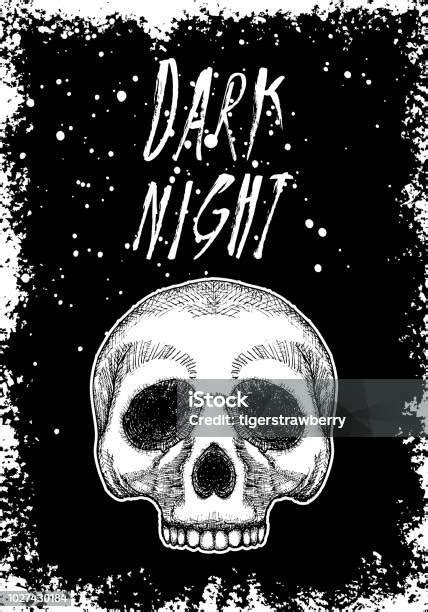 해골 할로윈 밤 카드입니다 손으로 그린 블랙 초대 전단지 또는 글자와 텍스트 인사말 카드 벡터입니다 10월에 대한 스톡 벡터 아트 및 기타 이미지 Istock