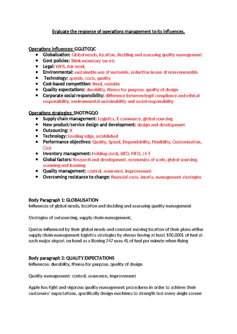 Operations Management Influences And Strategies Section 4 Evaluate The Response Of Operations