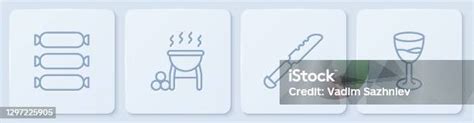 세트 라인 소시지 빵 칼 바베큐 그릴 와인 잔 흰색 정사각형 버튼 벡터 고기에 대한 스톡 벡터 아트 및 기타 이미지 고기 구이 굽기 Istock