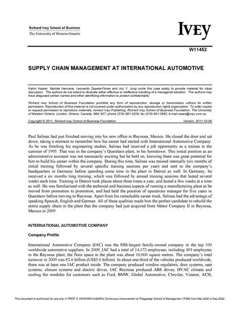 Supply Chain Intl Auto Lecture Notes S W W 11452 SUPPLY CHAIN MANAGEMENT AT INTERNATIONAL
