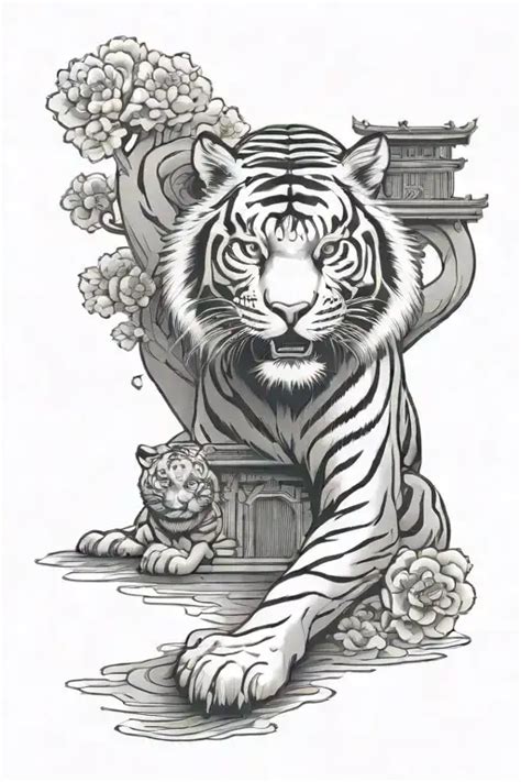 Black And Grey Korean Temple And Tiger Tattoo Blackink Ai