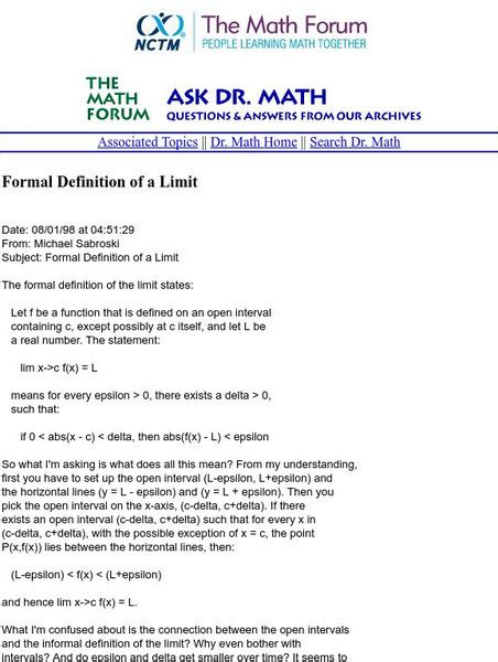 The Math Forum Ask Dr Math Formal Definition Of A Limit Activity For