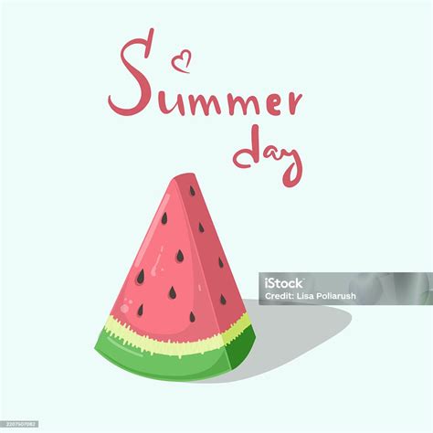 수박 조각 잎 얼음 조각 빨간 하트 조각이 들어간 엽서 손글씨로 벡터 평면 그림입니다 여름날 푸른 배경 0명에 대한 스톡 벡터 아트 및 기타 이미지 Istock