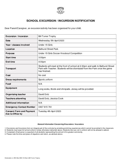 Fillable Online Day Trip School Excursionincursion Consent Form Fax