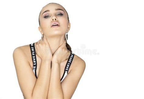 Beauty Portrait Beautiful Brunette Woman Touching Her Face Wearing