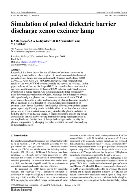 Pdf Simulation Of Pulsed Dielectric Barrier Discharge Xenon Excimer Lamp