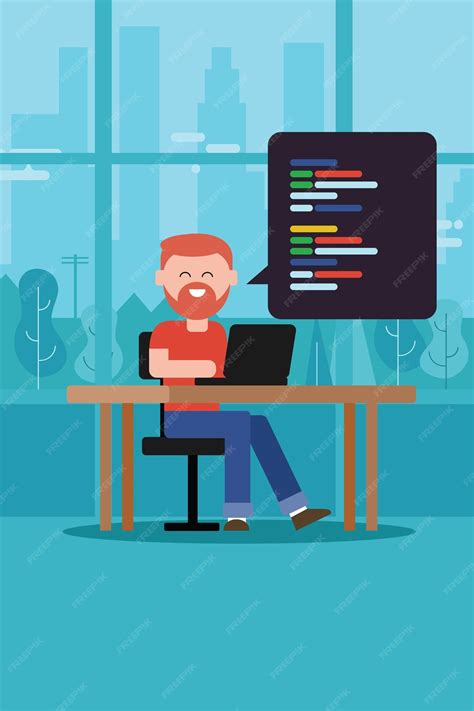 Premium Vector Coding Programming Script Man With Beard Tshirt Sitting Working On Laptop On Table